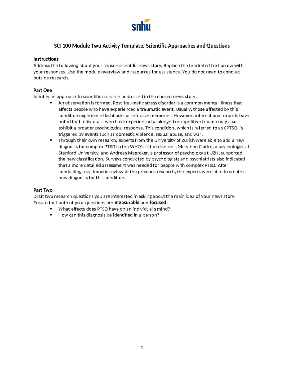 SCI 100 Module Two Activity Template - Replace the bracketed text below with your responses. Use ...