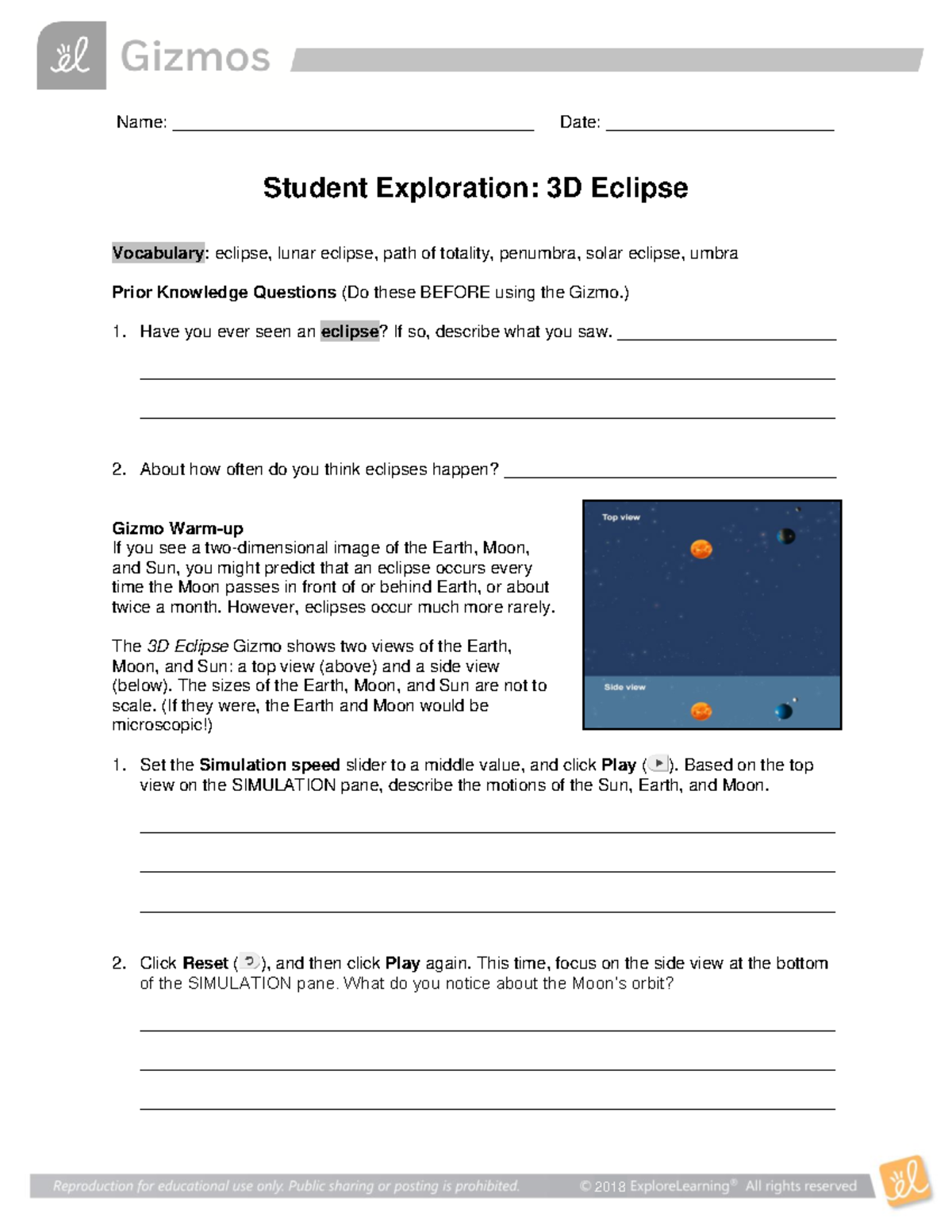 3DEclipse SE - 3D Eclipse online Lab Worksheet - Name