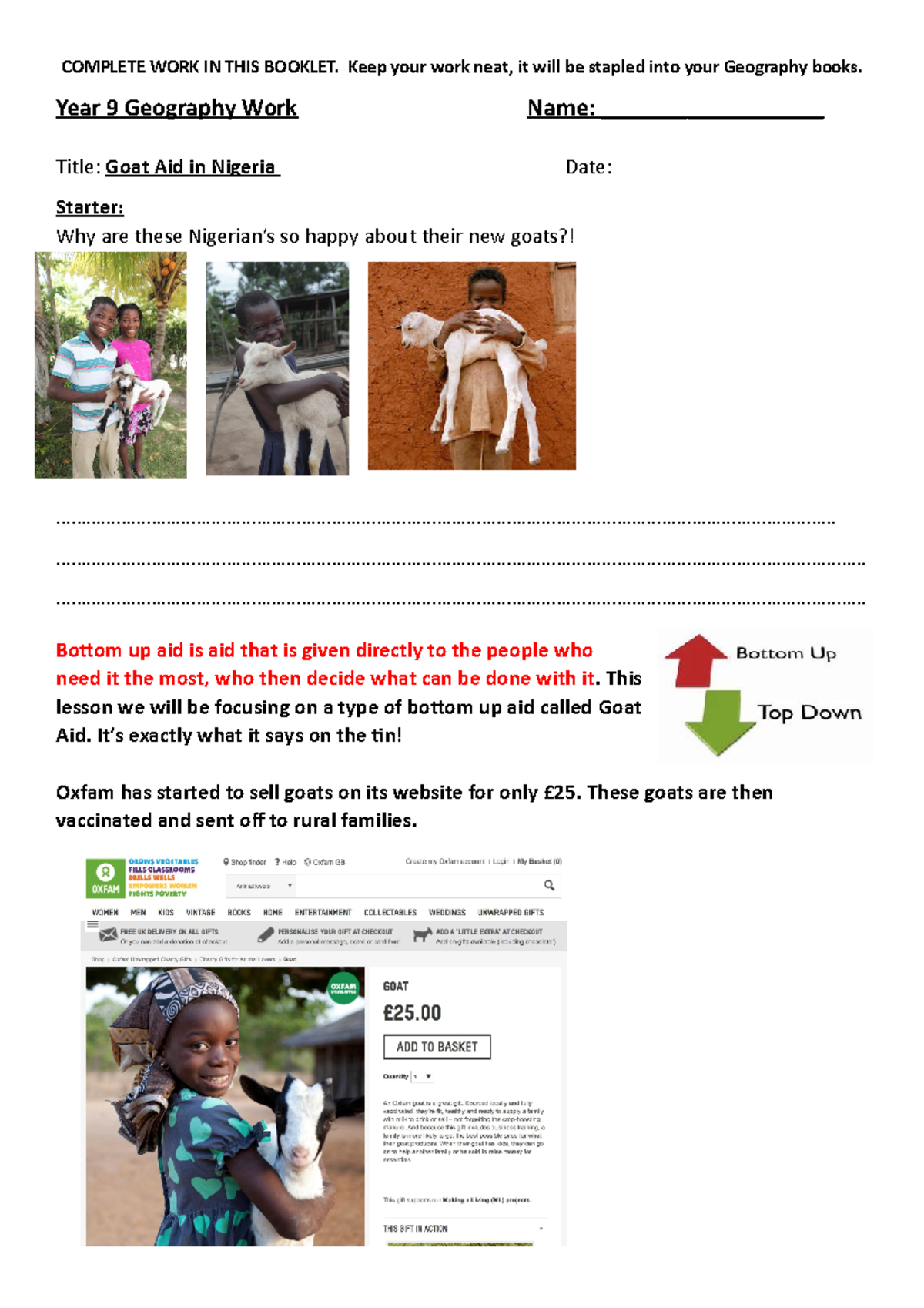 Year 9 Geo Part B) Goat Aid - COMPLETE WORK IN THIS BOOKLET. Keep your ...