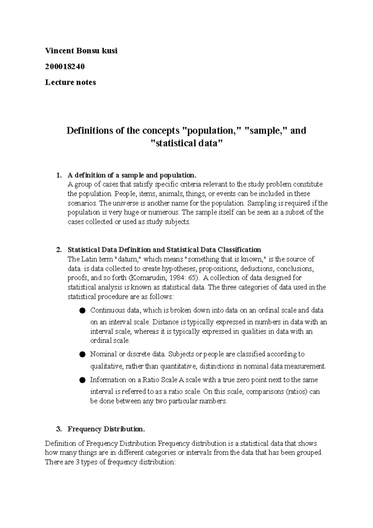 Lecture Notes Population Sample Statistic Vincent Bonsu Kusi