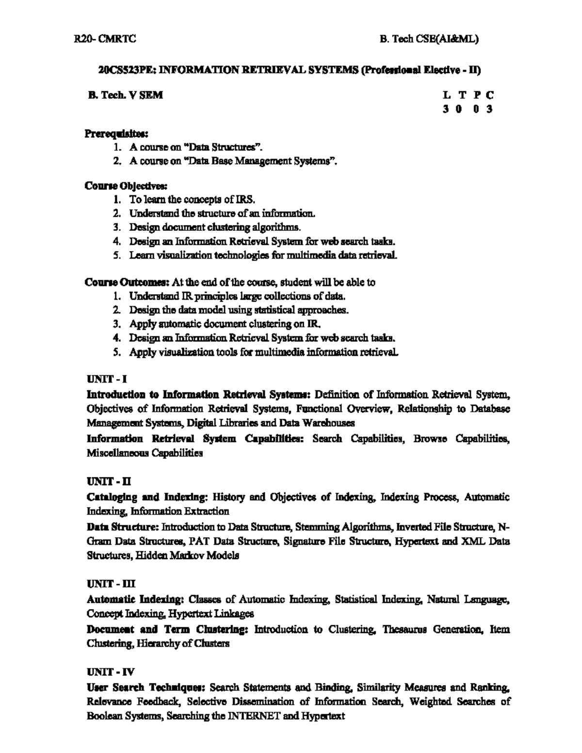 IRS Syllabus - Information Retrieval Systems - Studocu