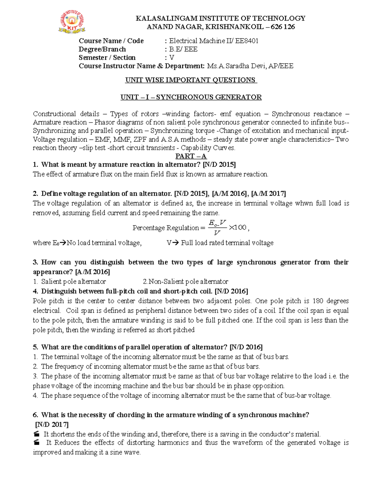EE8401-EM II Question bank electrical machines - KALASALINGAM INSTITUTE ...