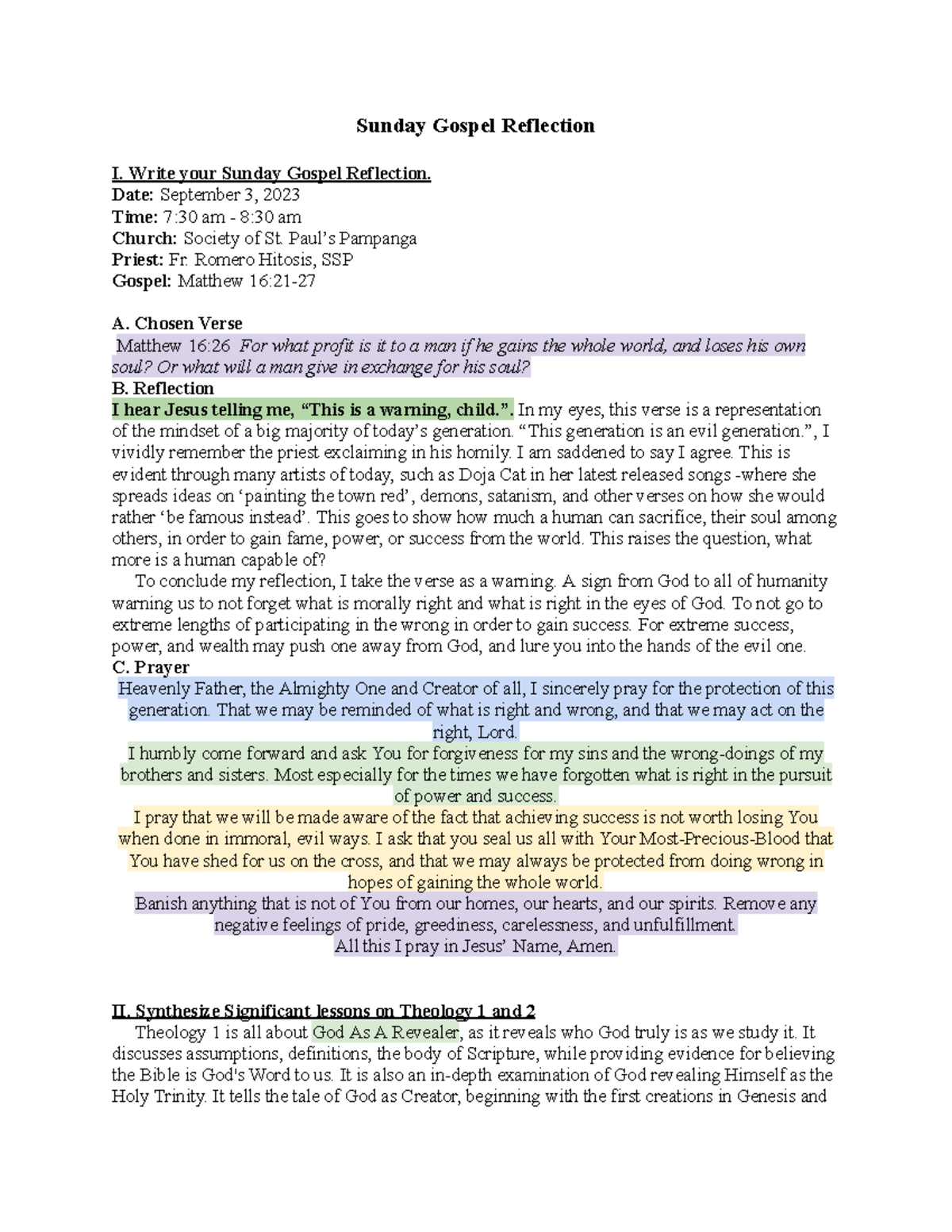 Mandatory Assignment - Sunday Gospel Reflection I. Write your Sunday ...