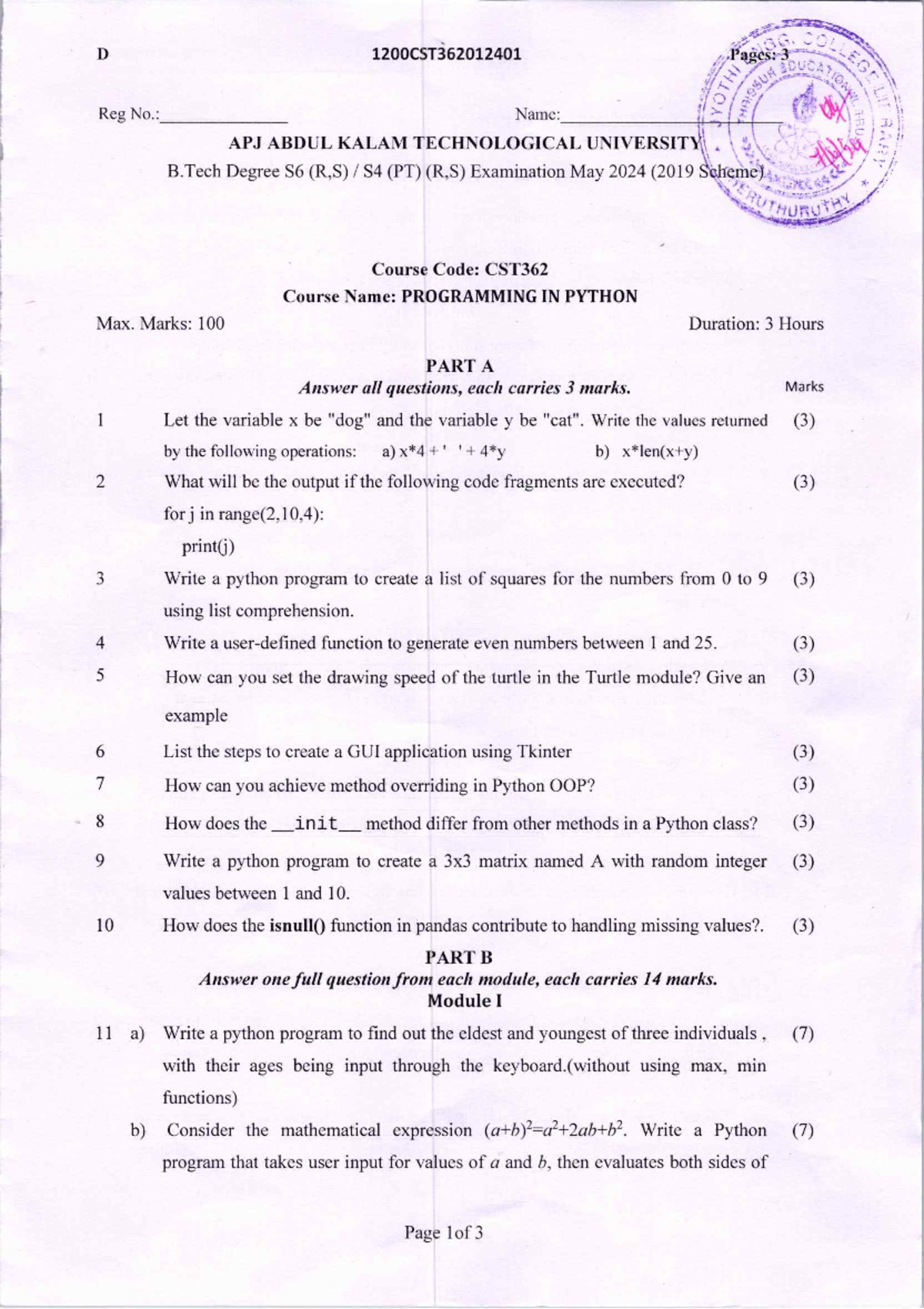 Cst362 Programming In Python May 2024 D 1200cst362012401 Pages Security Reg No Name Apj