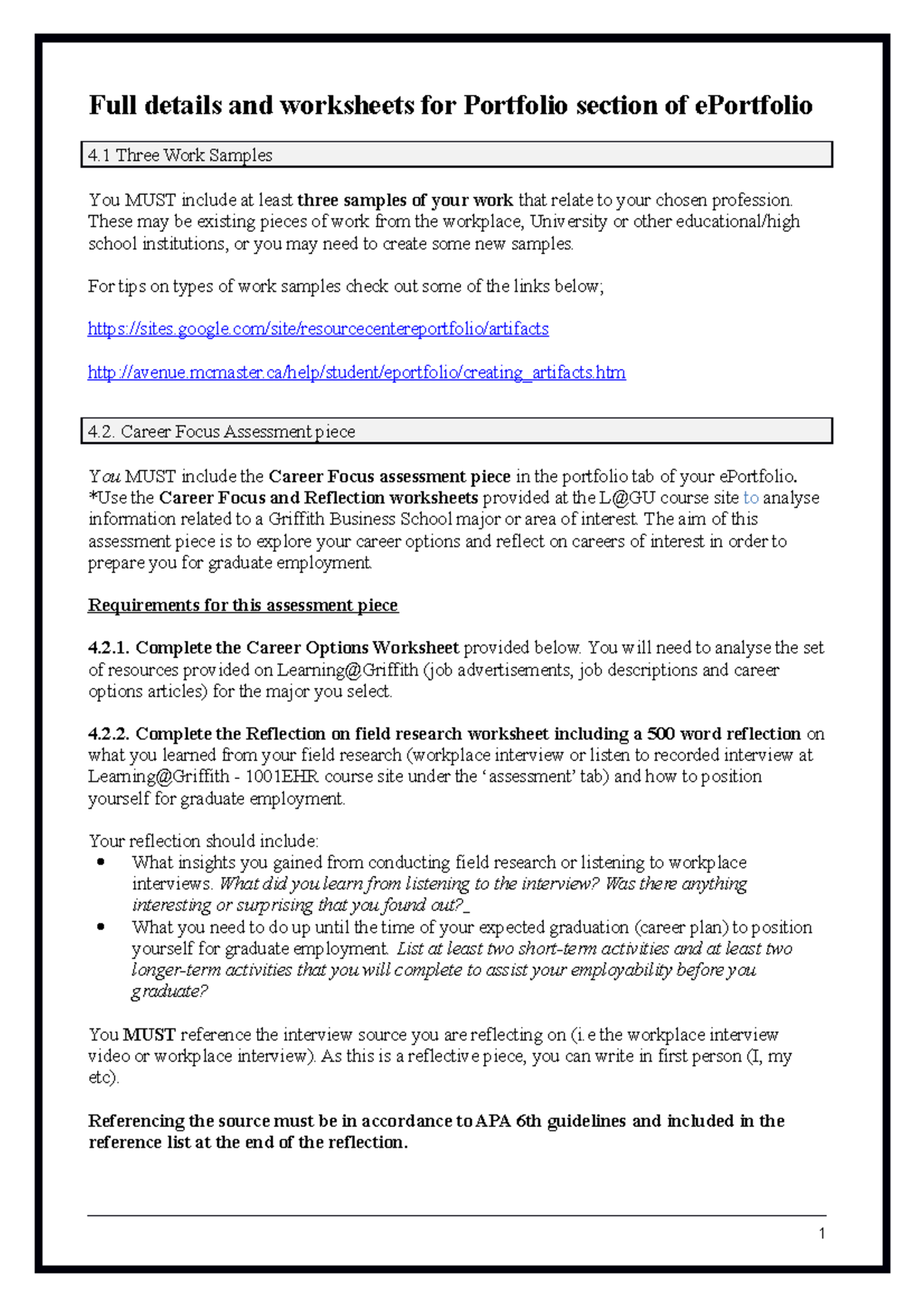 E Portfolio requirements worksheets - Full details and worksheets for ...