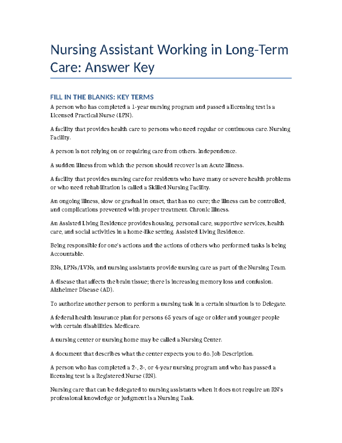Nursing Assistant Working in LTC Answer Key - Nursing Assistant Working ...