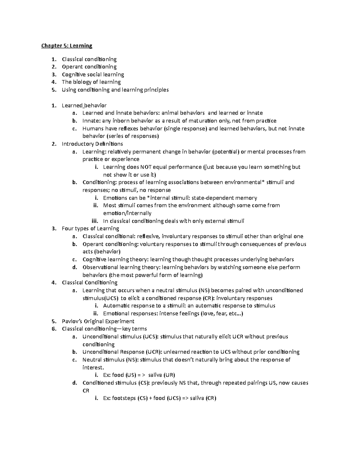 Psych Chapter 5 - Learning - Chapter 5: Learning Classical conditioning ...