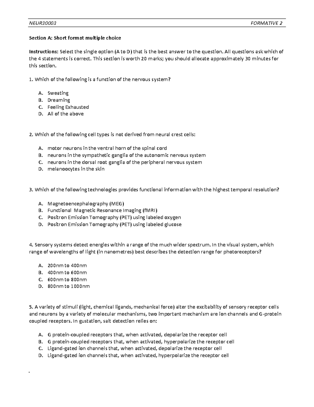 Sample/practice exam, questions - NEUR30003 FORMATIVE 2 Section A ...