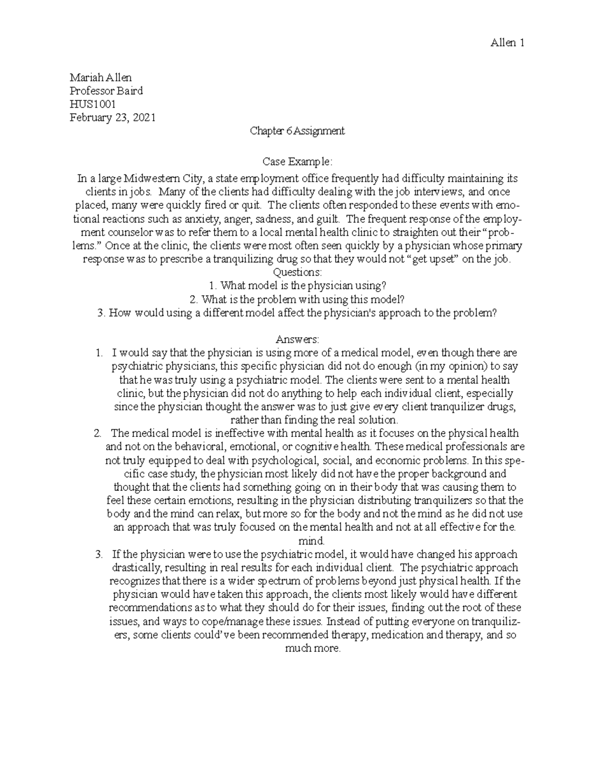 Chapter 6HUS - HUS CH6 ASSISGNMENT - Allen 1 Mariah Allen Professor Baird HUS February 23, 2021 ...