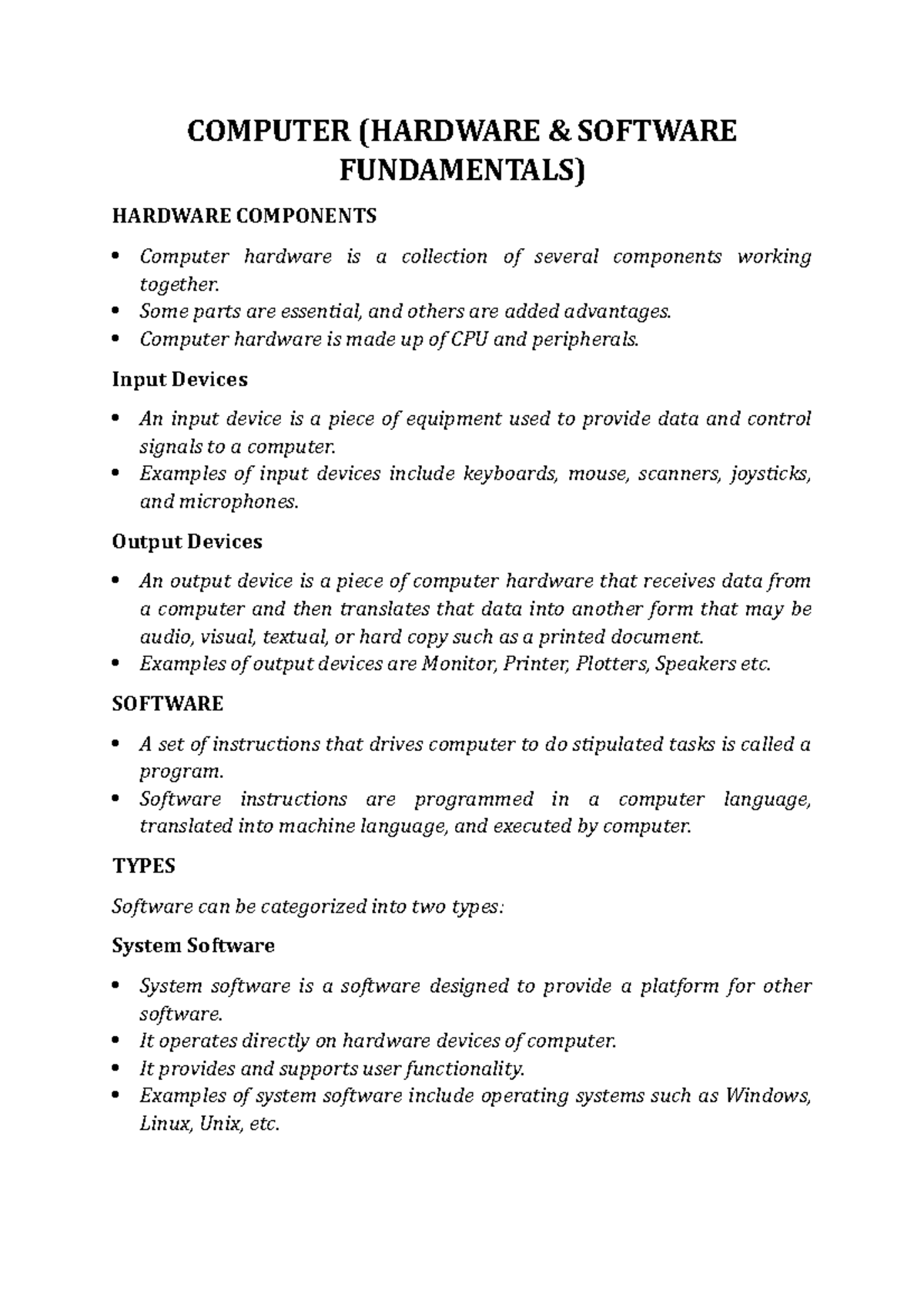 Information Technology - COMPUTER (HARDWARE & SOFTWARE FUNDAMENTALS) HARDWARE COMPONENTS - Studocu