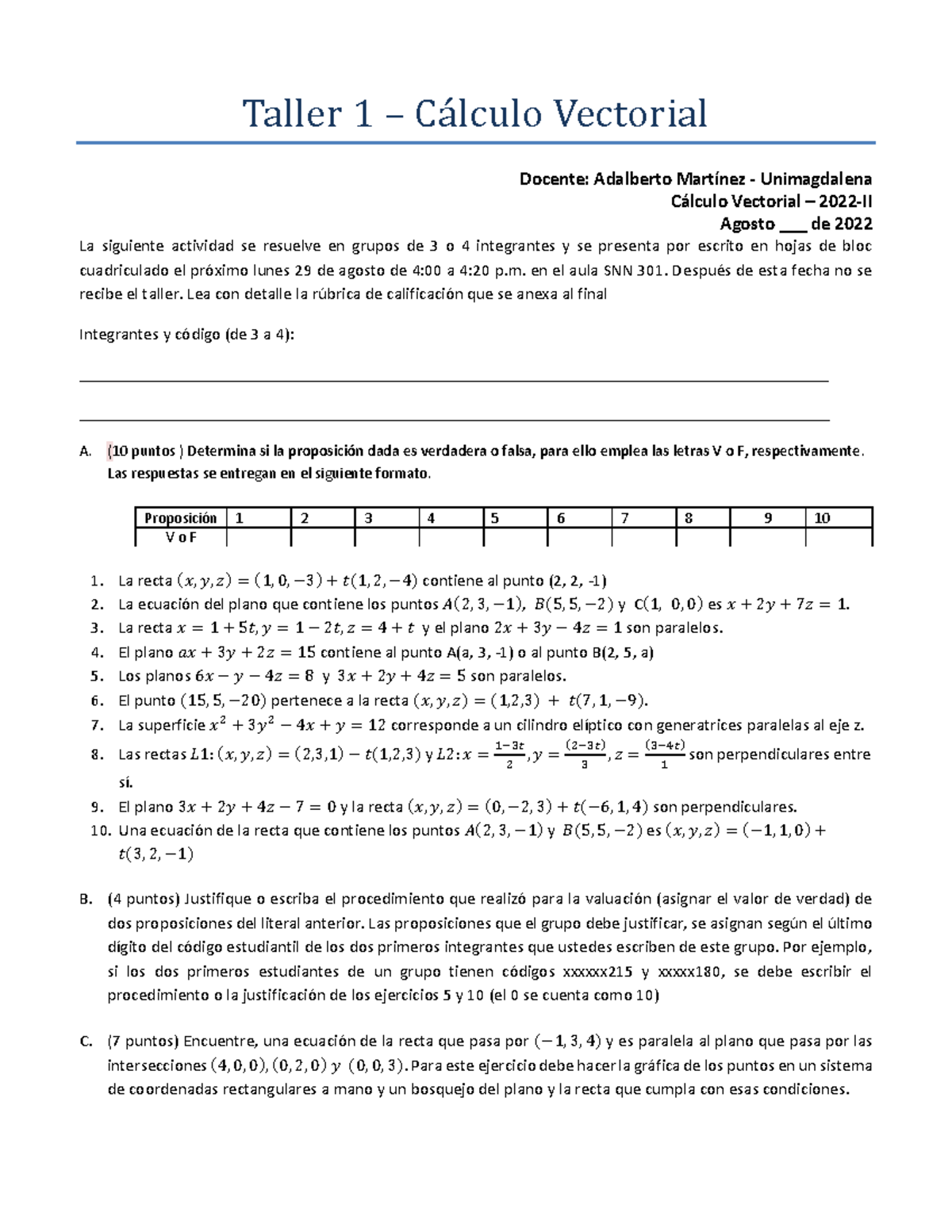 Taller 1 2022 II V2 - Taller 1 – Ca lculo Vectorial Docente: Adalberto MartÌnez - Unimagdalena ...
