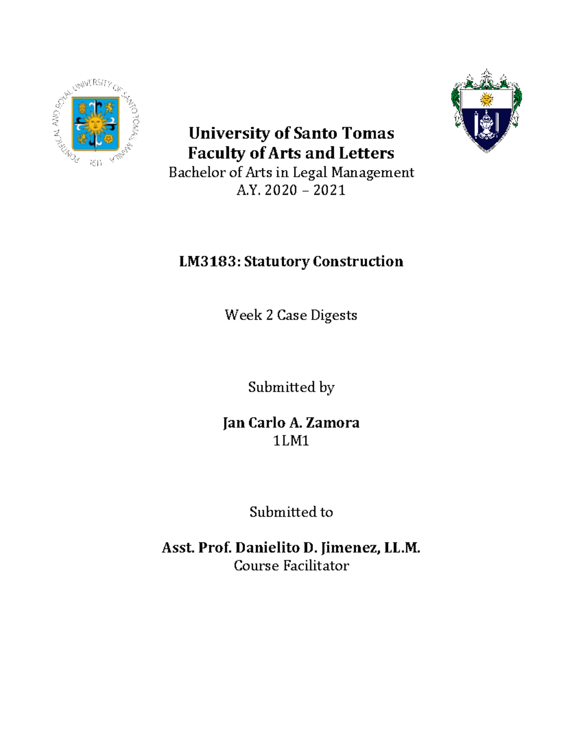 Week 2 Case Digests - University of Santo Tomas Faculty of Arts and ...