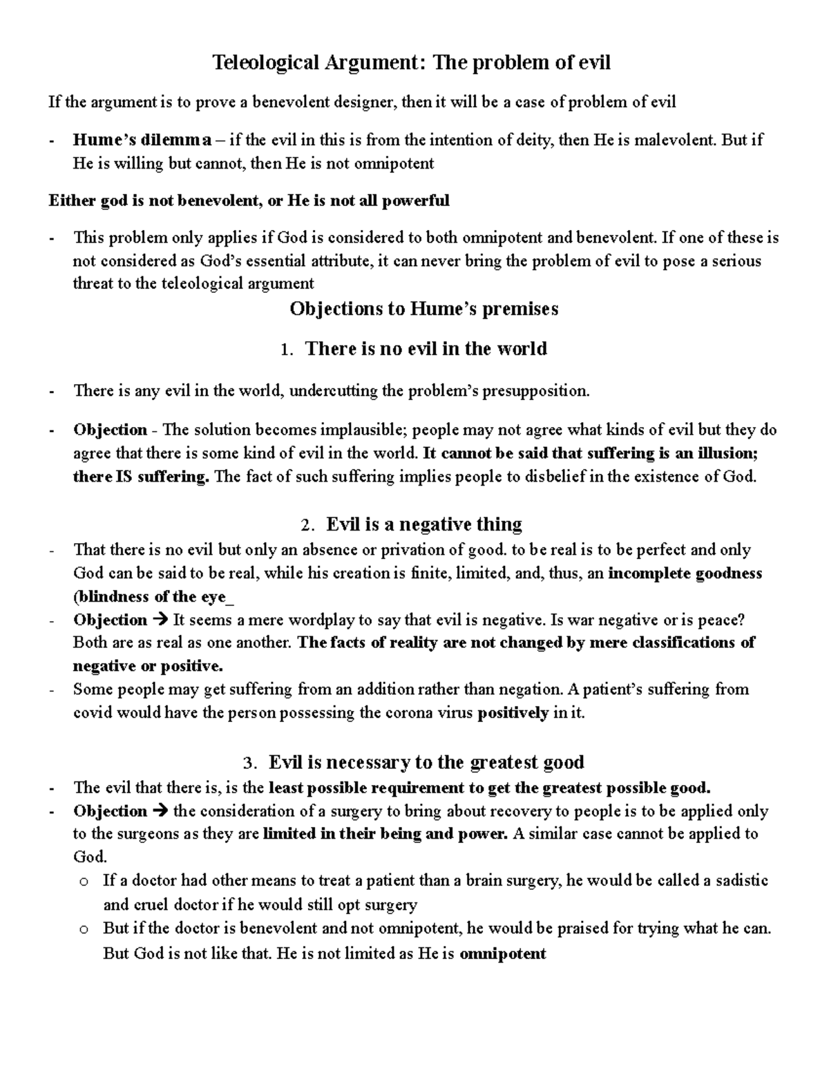 The problem of evil - Teleological Argument - Teleological Argument: The problem of evil If the ...