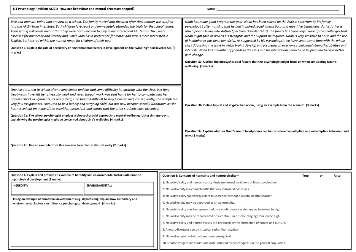 2023 A3 Revision sheet for exam AOS1 - U1 Psychology Revision AOS1: How ...