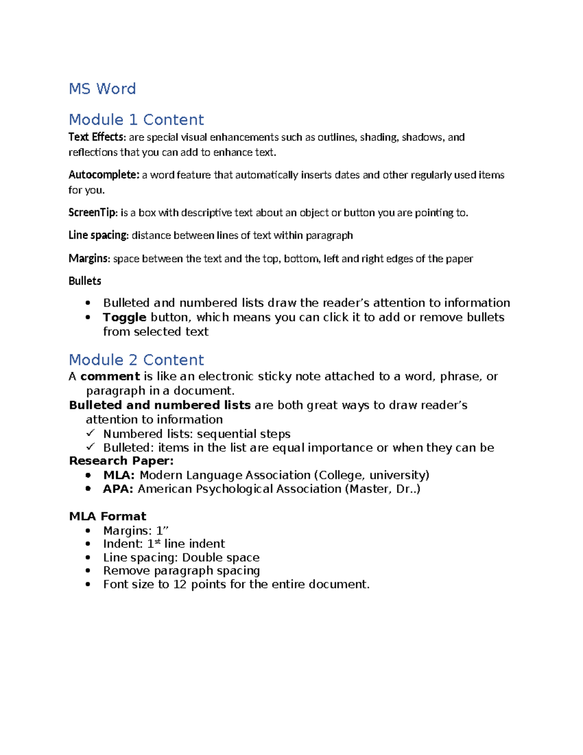 Module 1 and 2 Content-2 - MS Word Module 1 Content Text Effects: are ...
