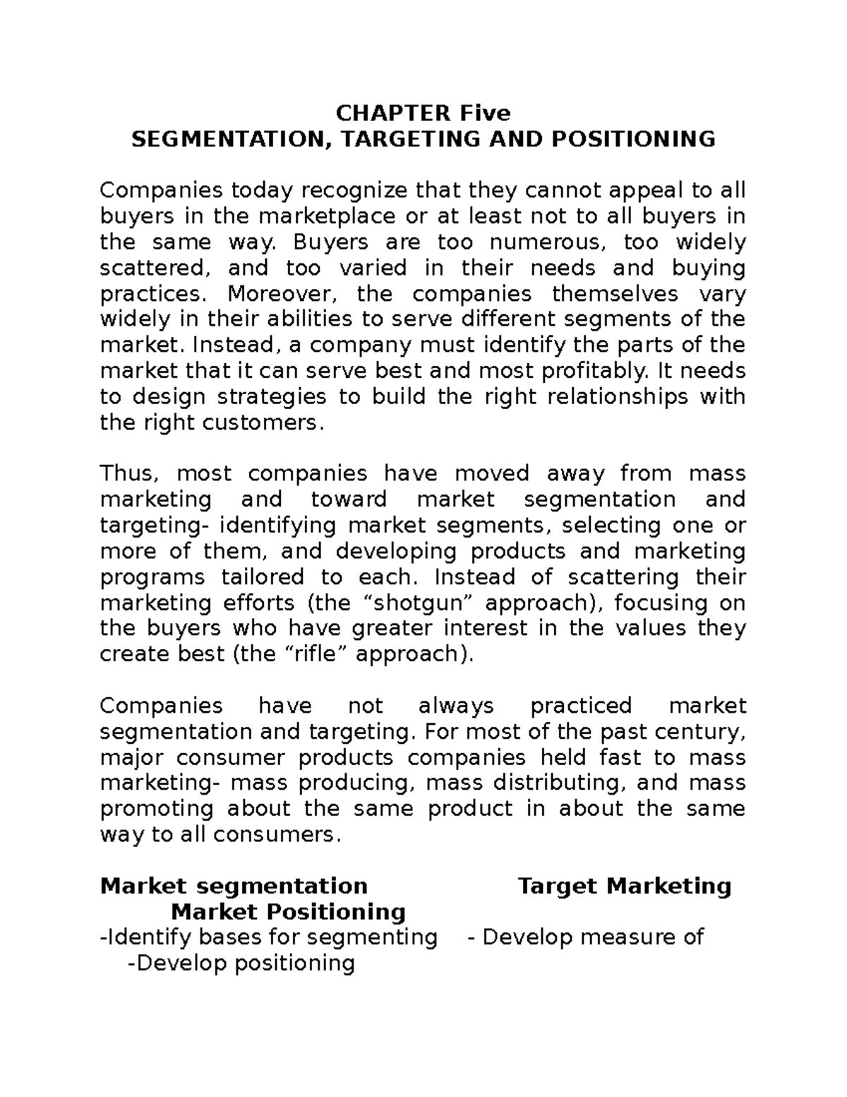 Mkt chapter 5 - good - CHAPTER Five SEGMENTATION, TARGETING AND ...
