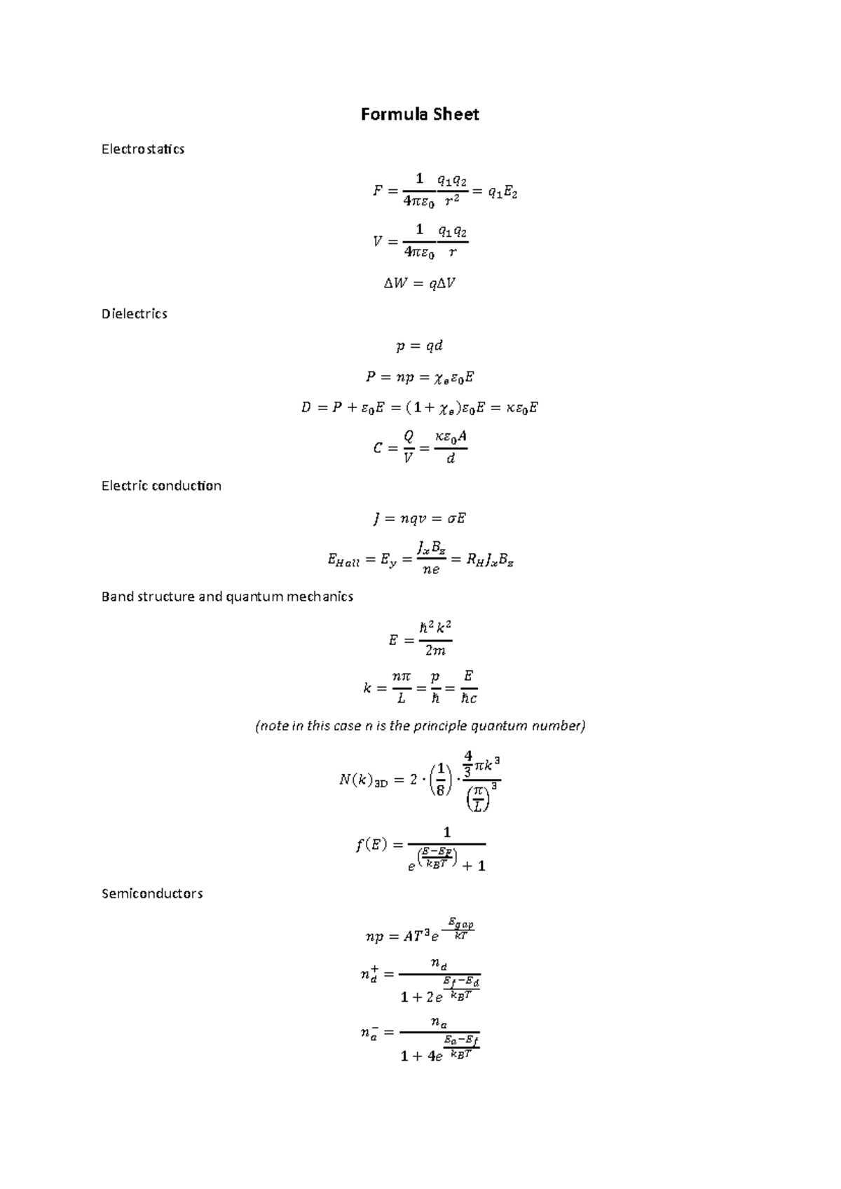 Functional Properties Formula Sheet - Formula Sheet Electrostatics 𝐹 ...