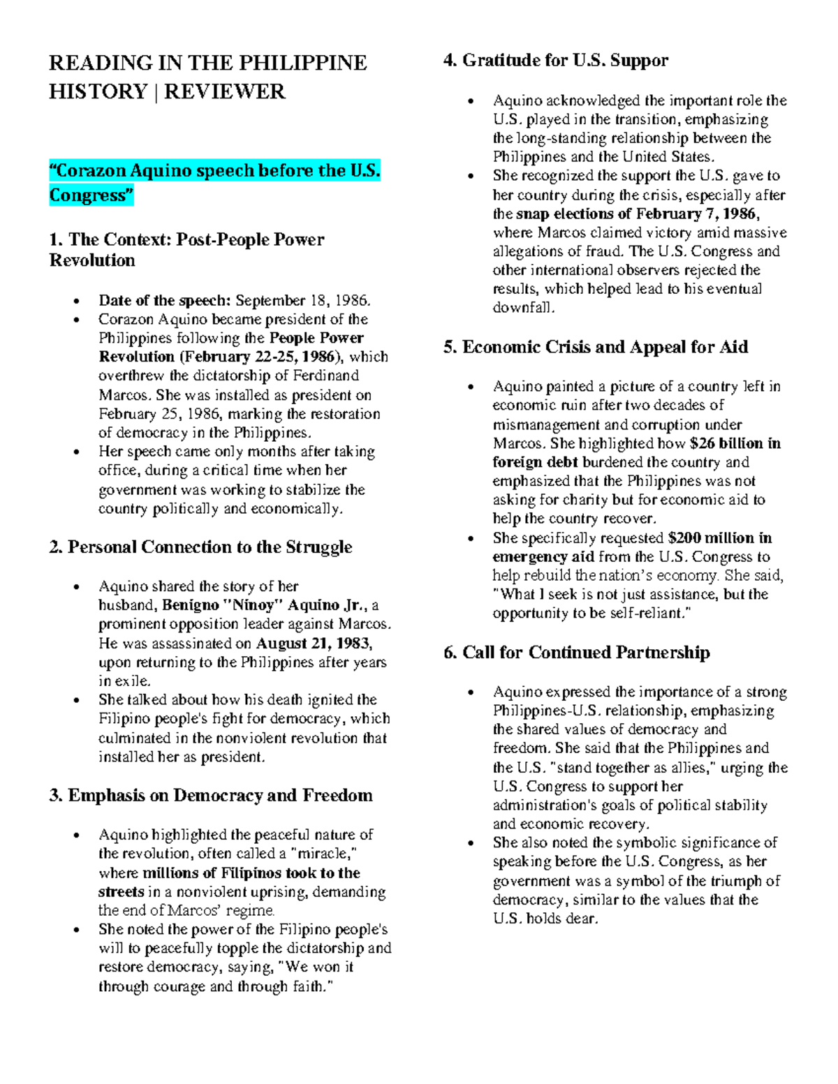RPH- Reviewer - Philippine History - READING IN THE PHILIPPINE HISTORY | REVIEWER “Corazon ...