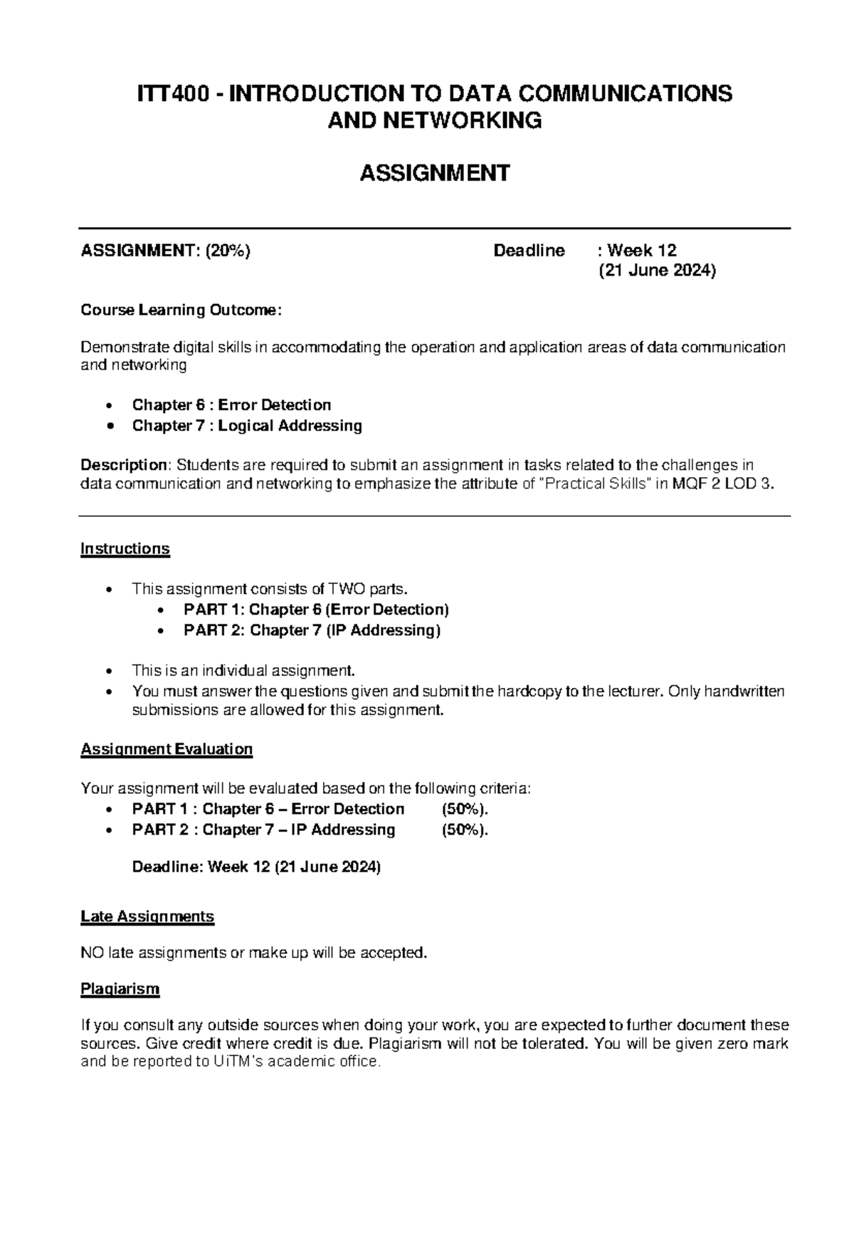 ITT400 Assignment 2 - ITT400 - INTRODUCTION TO DATA COMMUNICATIONS AND NETWORKING ASSIGNMENT ...