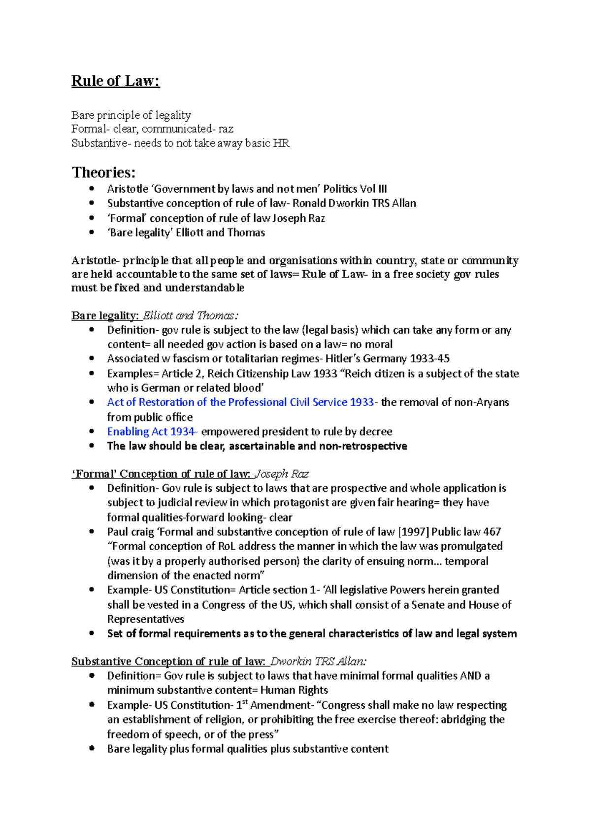 Rule of Law, lecture 2 - Rule of Law: Bare principle of legality Formal ...