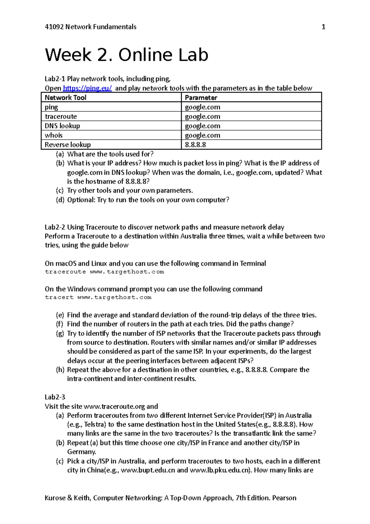 Week2-Lab - Traceroute Xu - 41092 Network Fundamentals Week 2. Online Lab Lab2-1 Play network ...