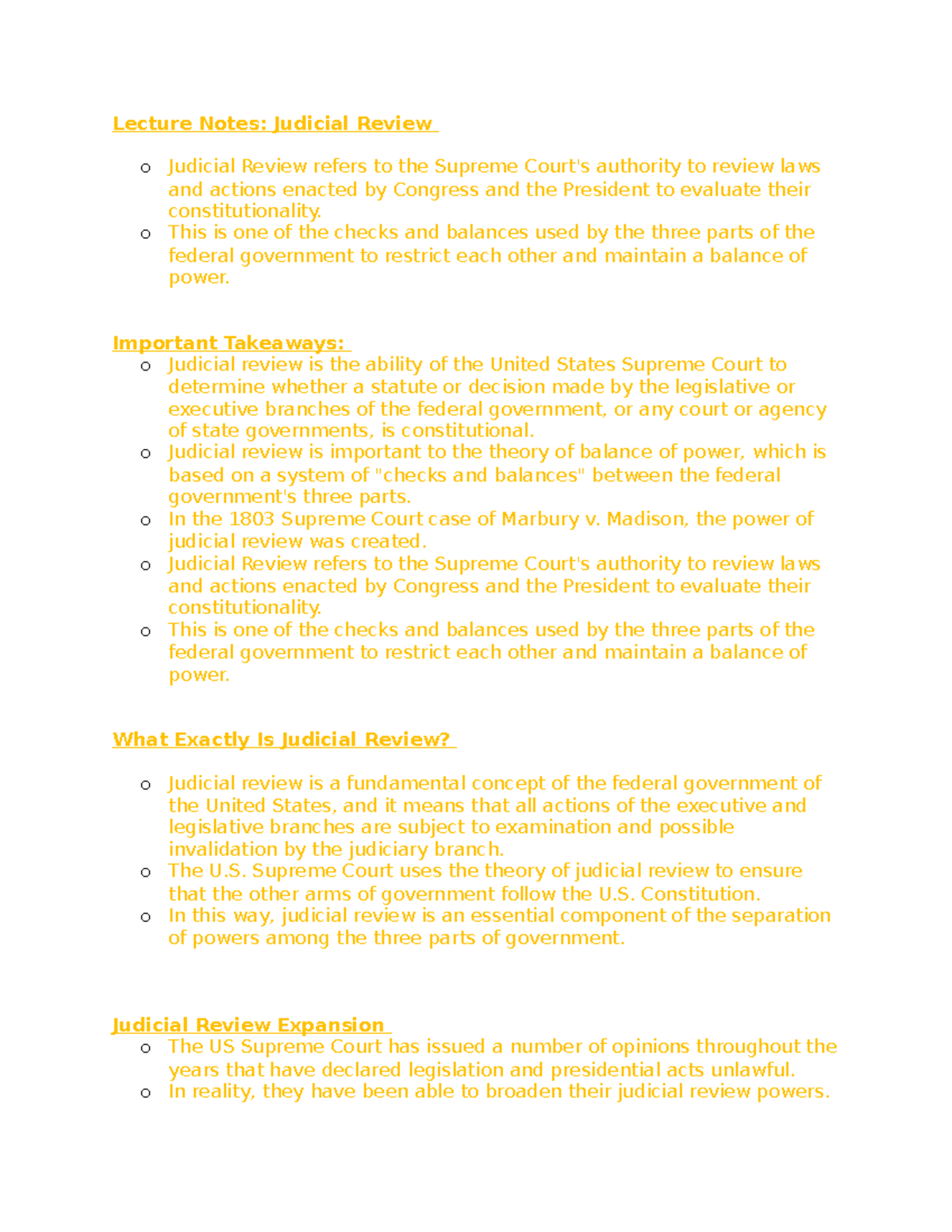 Judicial Review - o This is one of the checks and balances used by the ...