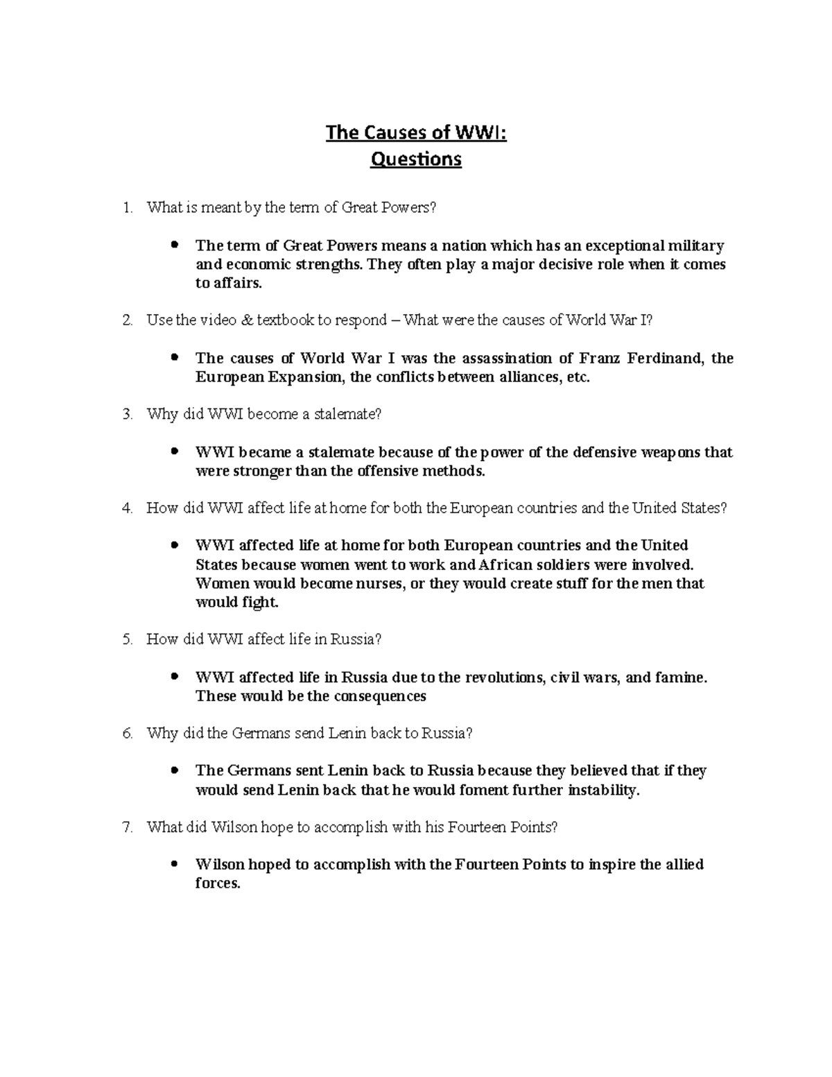 The Causes of WWI - This would be the set of classwork that you would ...