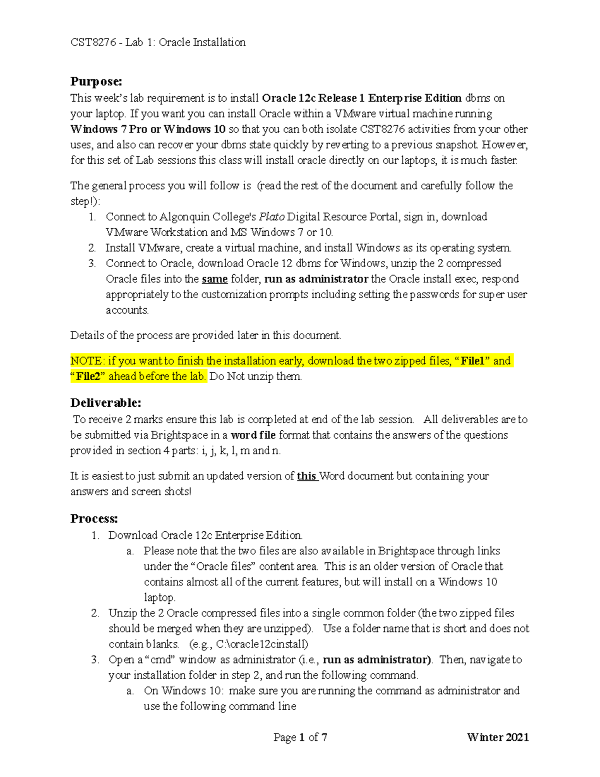 Cst8276 Lab 1 Oracle Installation Winter 2021 Purpose This Week S Lab Requirement Is To