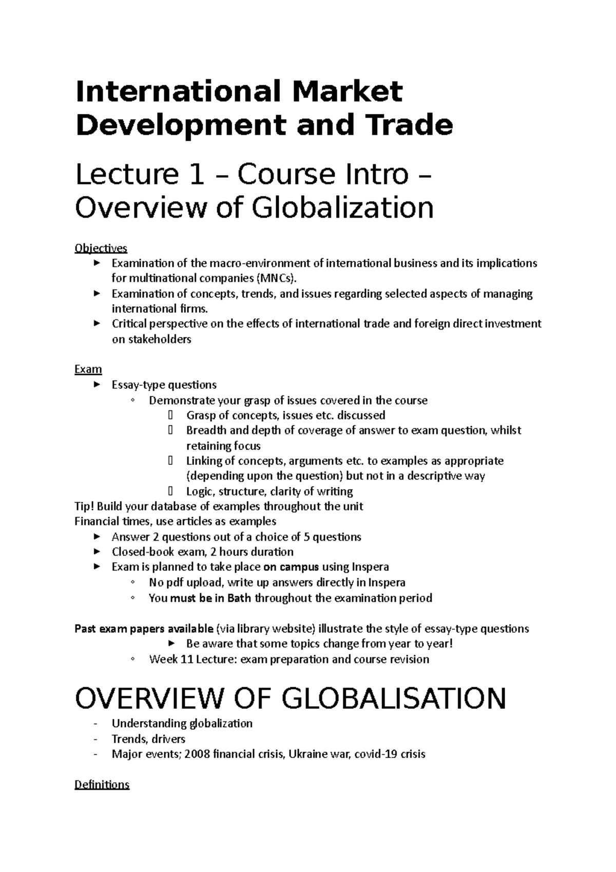 MN20603 Lecture 1 - International Market Development and Trade Lecture ...