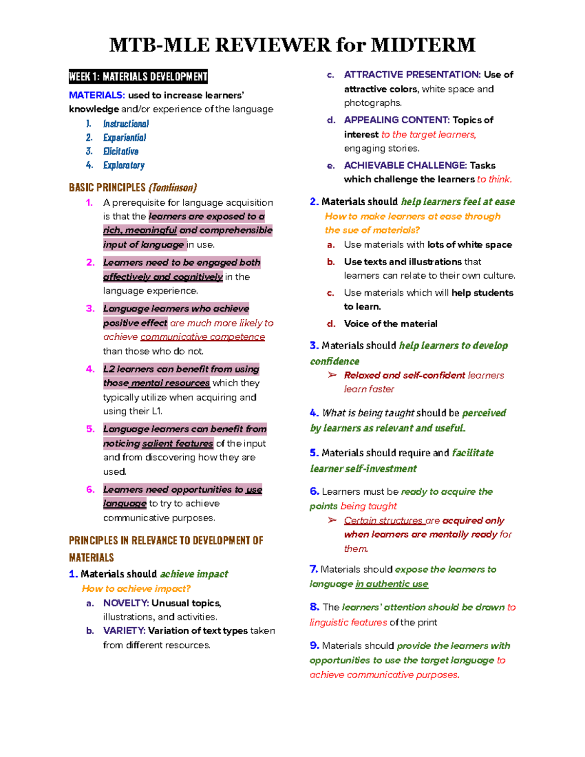 MTB MLE Reviewer Midterm - MTB-MLE REVIEWER for MIDTERM WEEK 1: MATERIALS DEVELOPMENT MATERIALS ...