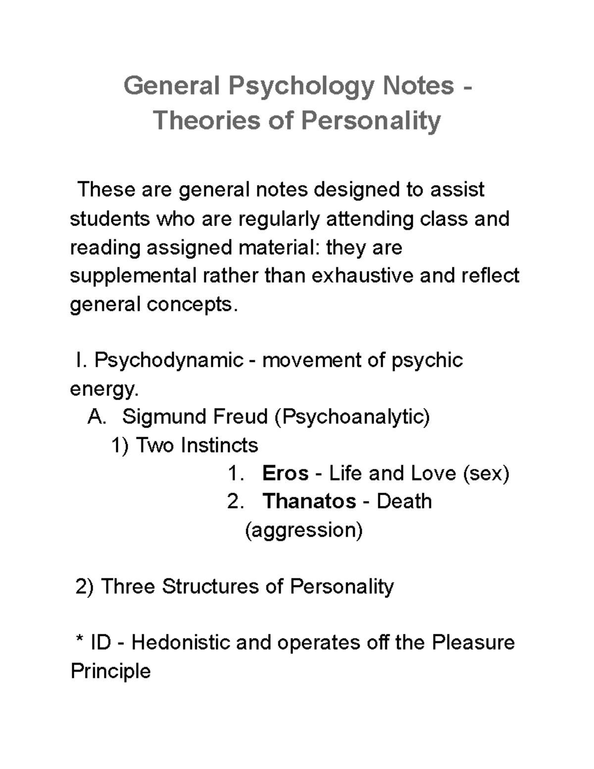 General Psychology Notes - Theories of Personality - General Psychology ...