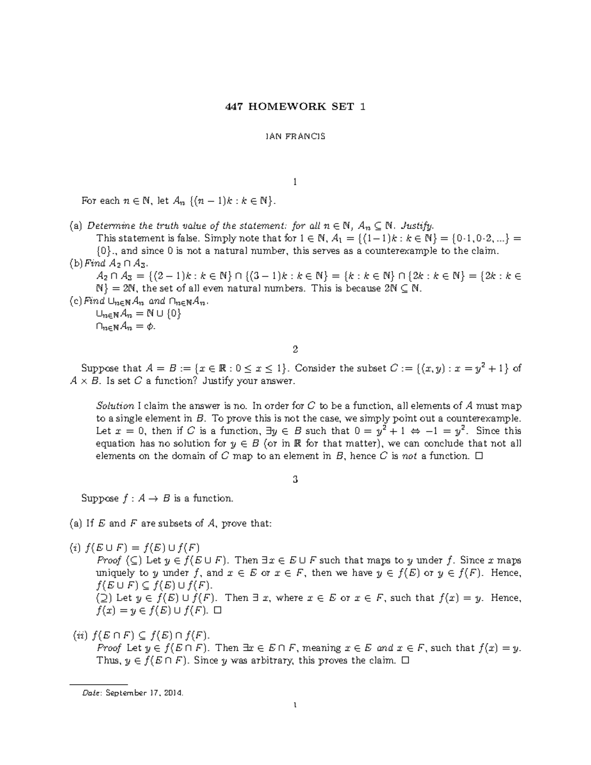 Analysis Hw 1 I Want My Solutions 447 Homework Set 1 Ian Francis 1 For Each N ∈ N Let An 7598