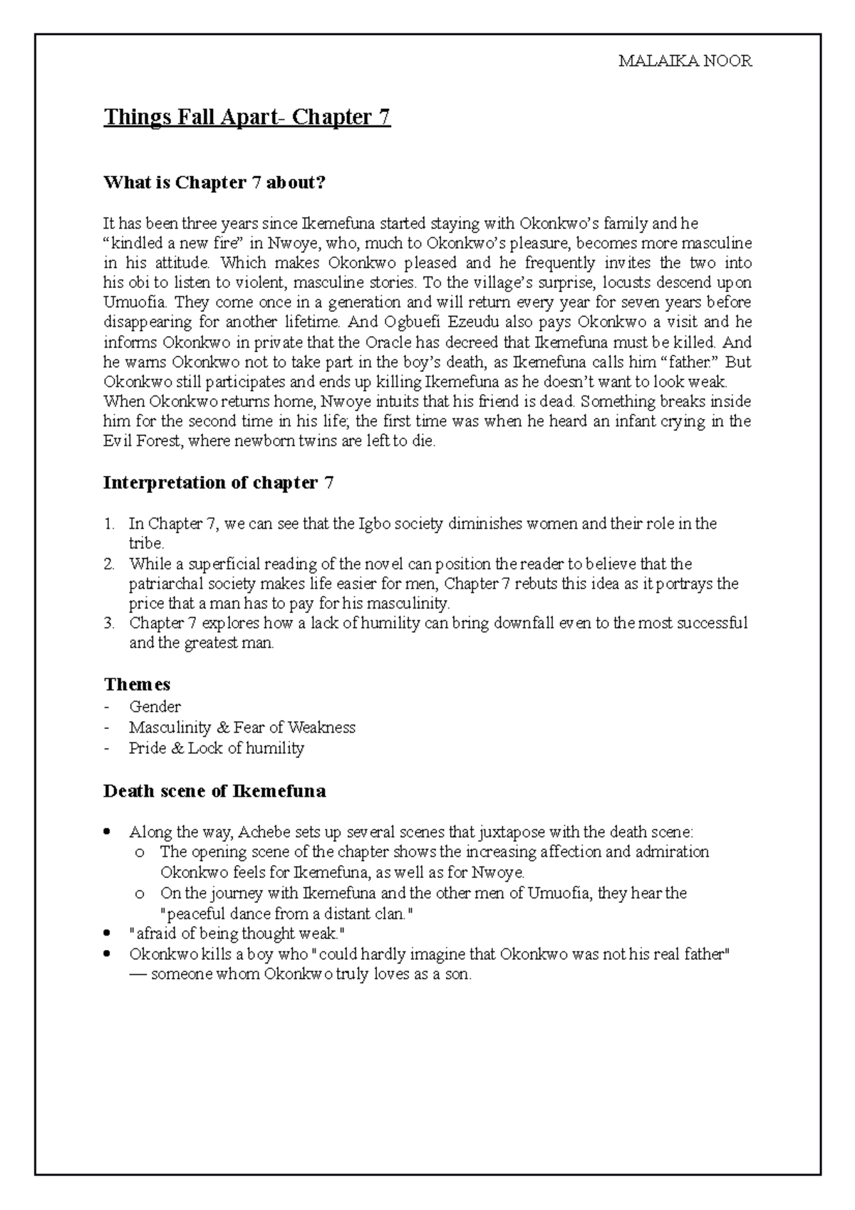 Notes - MALAIKA NOOR Things Fall Apart- Chapter 7 What is Chapter 7 ...