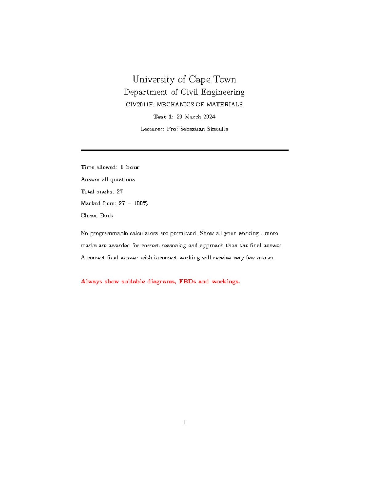 CIV2011 F Test 1 MEMO 2024 - University of Cape Town Department of ...