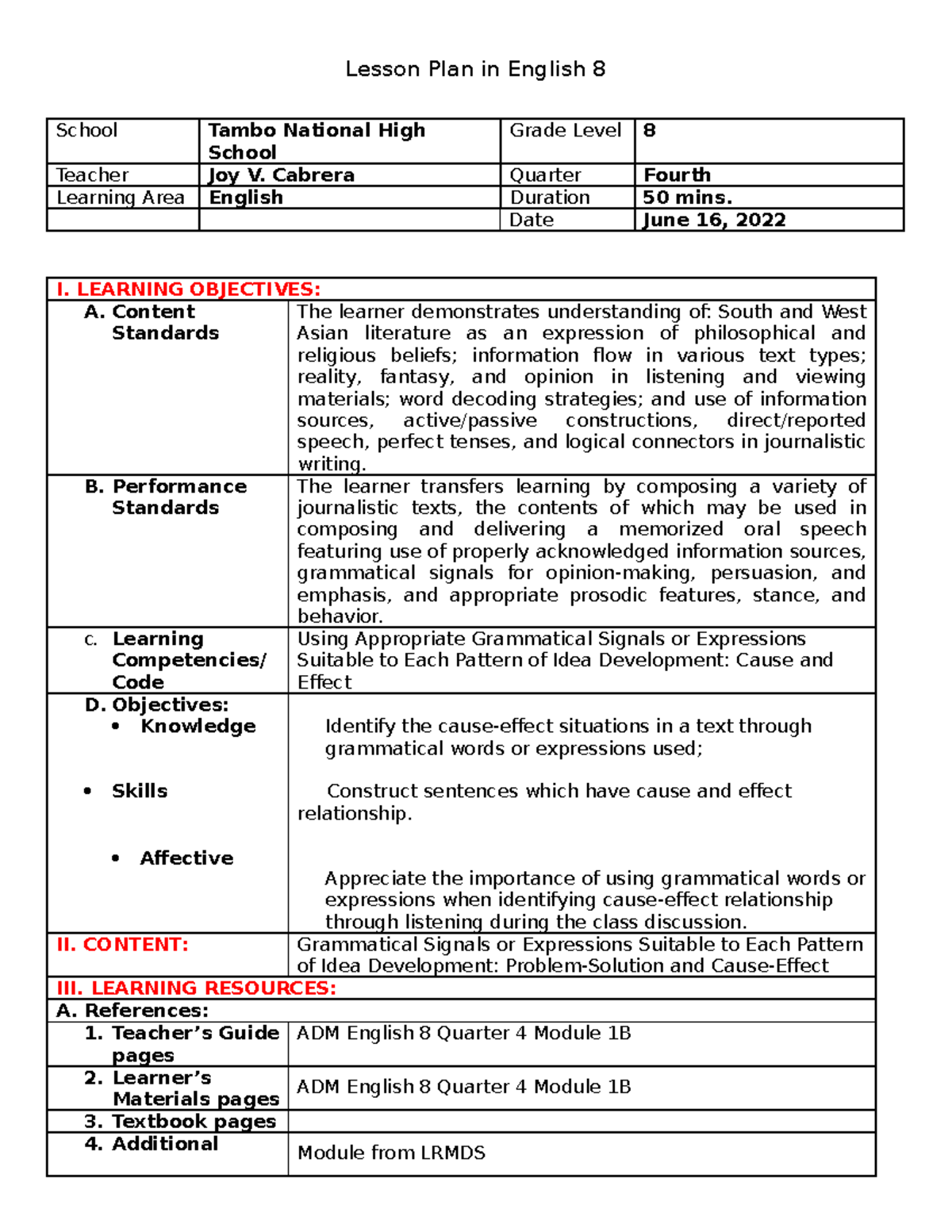 Lesson PLAN FOR 2ND CO - none - Lesson Plan in English 8 School Tambo ...