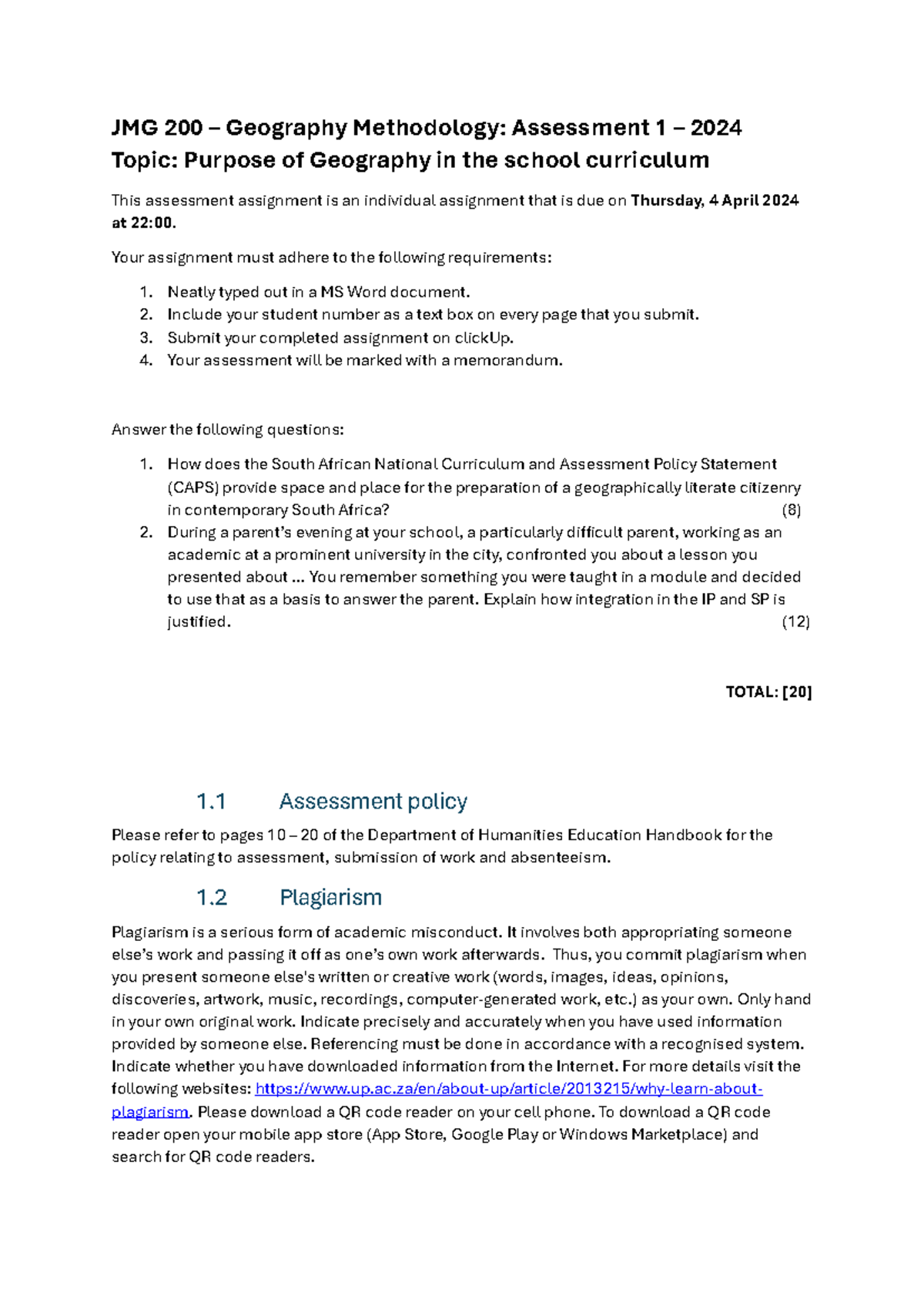 Assessment 1 JMG 200 QP - NOTES - JMG 200 – Geography Methodology ...