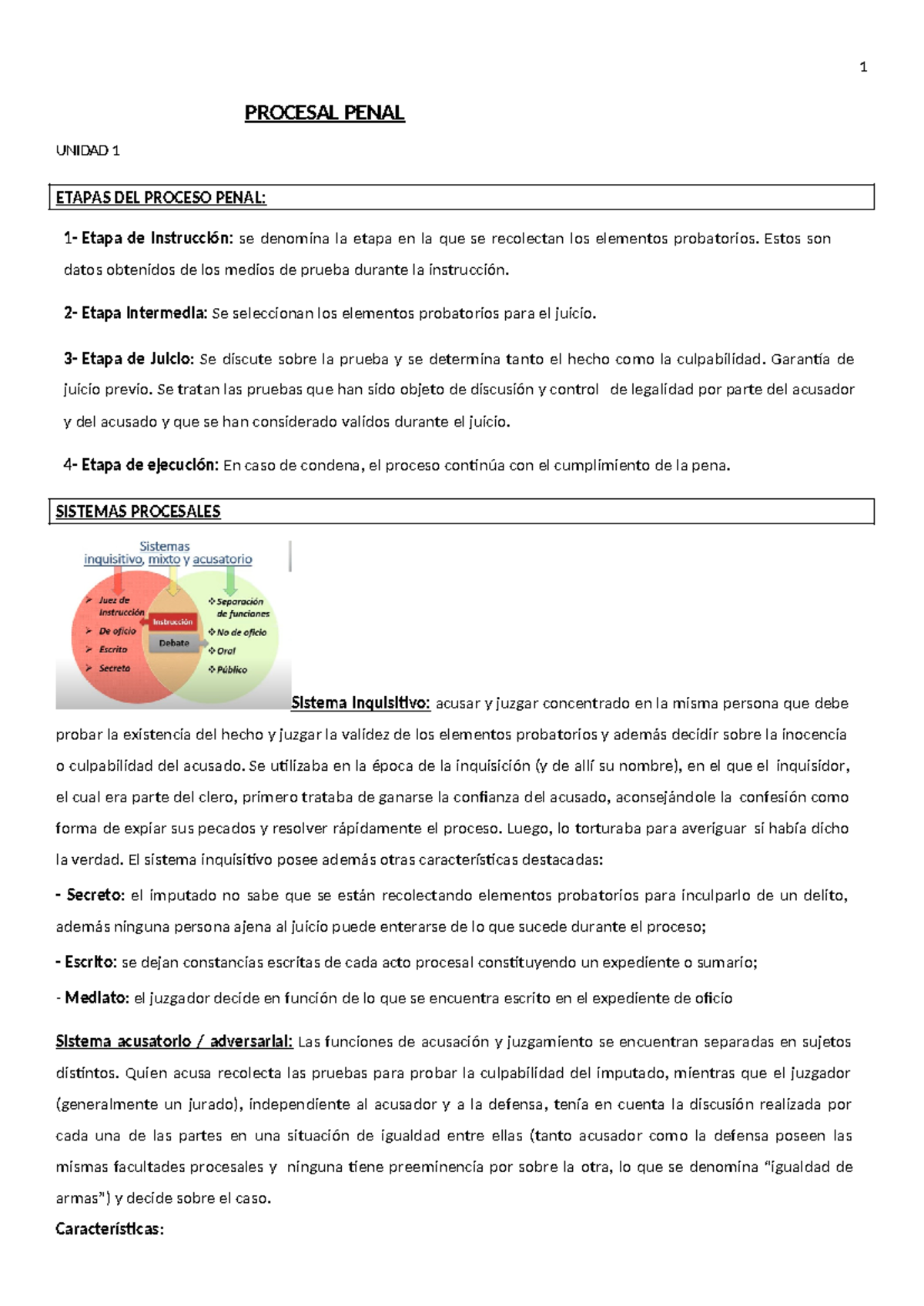 Resumen Procesal Penal - PROCESAL PENAL UNIDAD 1 ETAPAS DEL PROCESO PENAL: 1- Etapa de ...