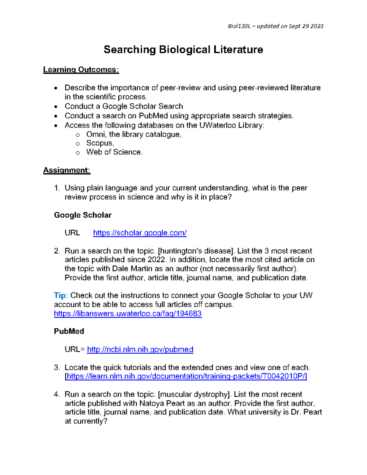 Assingment- Searching Biological Literature updated Sept 29 2023 ...
