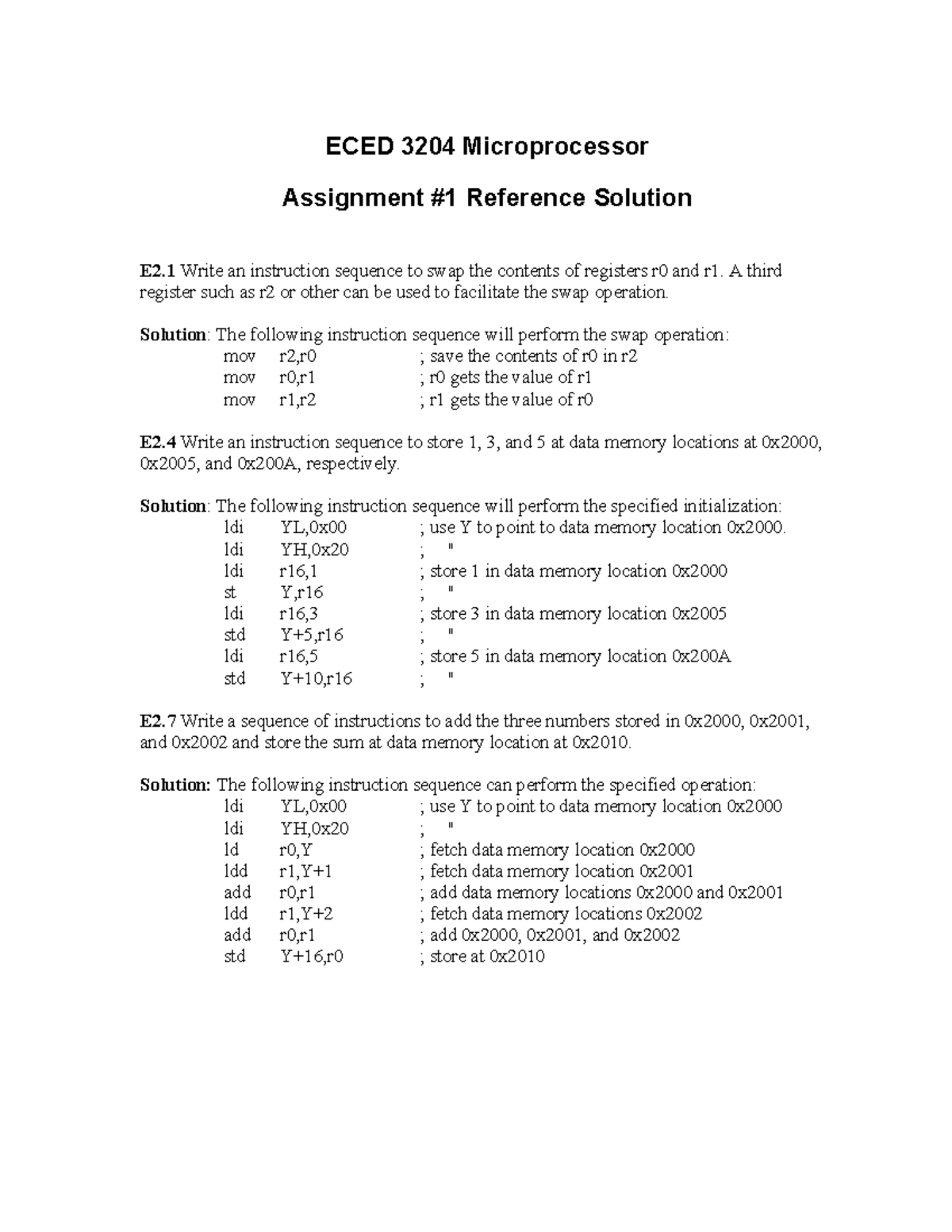 Ass1 Solution Assignment 1 Eced 3204 Microprocessor Assignment 1 Reference Solution E2