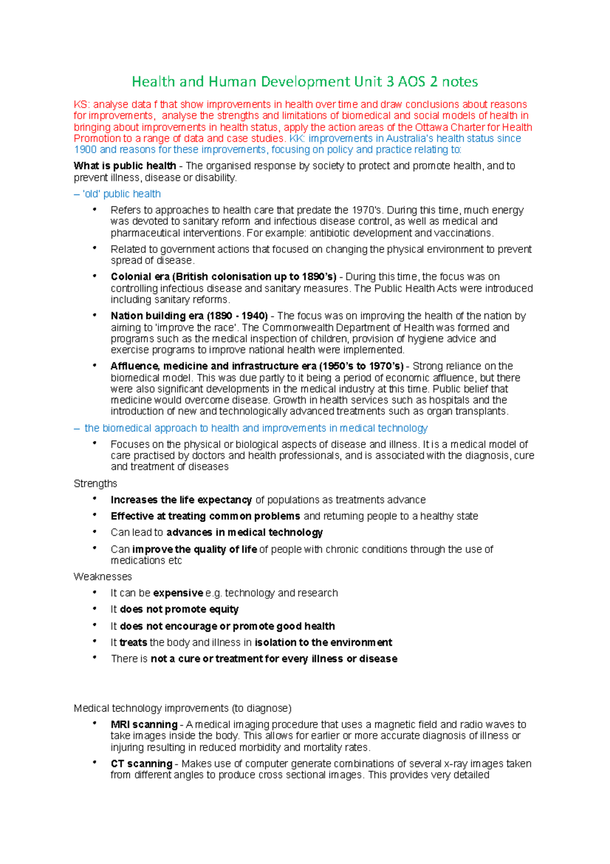 Health and Human Development Unit 3 AOS 2 notes - KK: improvements in ...