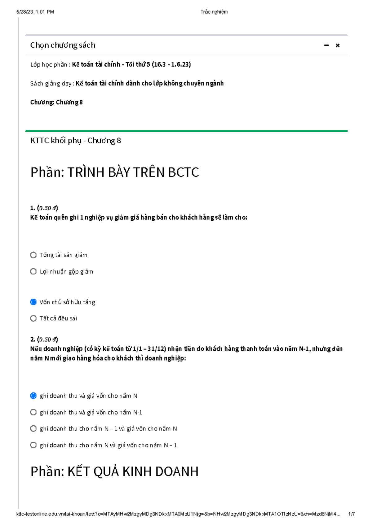Trắc nghiệm C8 - KTTC - Chọn chương sách Lớp học phần : Kế toán tài chính - Tối thứ 5 (16 - 1.6 ...