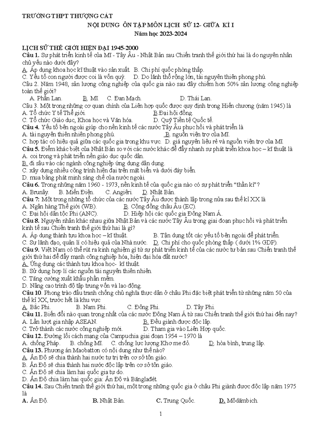 ĐÁP ÁN ĐỀ CƯƠNG SỬ 12 GK1 NĂM HỌC 2023 2024 - TRƯỜNG THPT THƯỢNG CÁT NỘI DUNG ÔN TẬP MÔN LỊCH SỬ ...