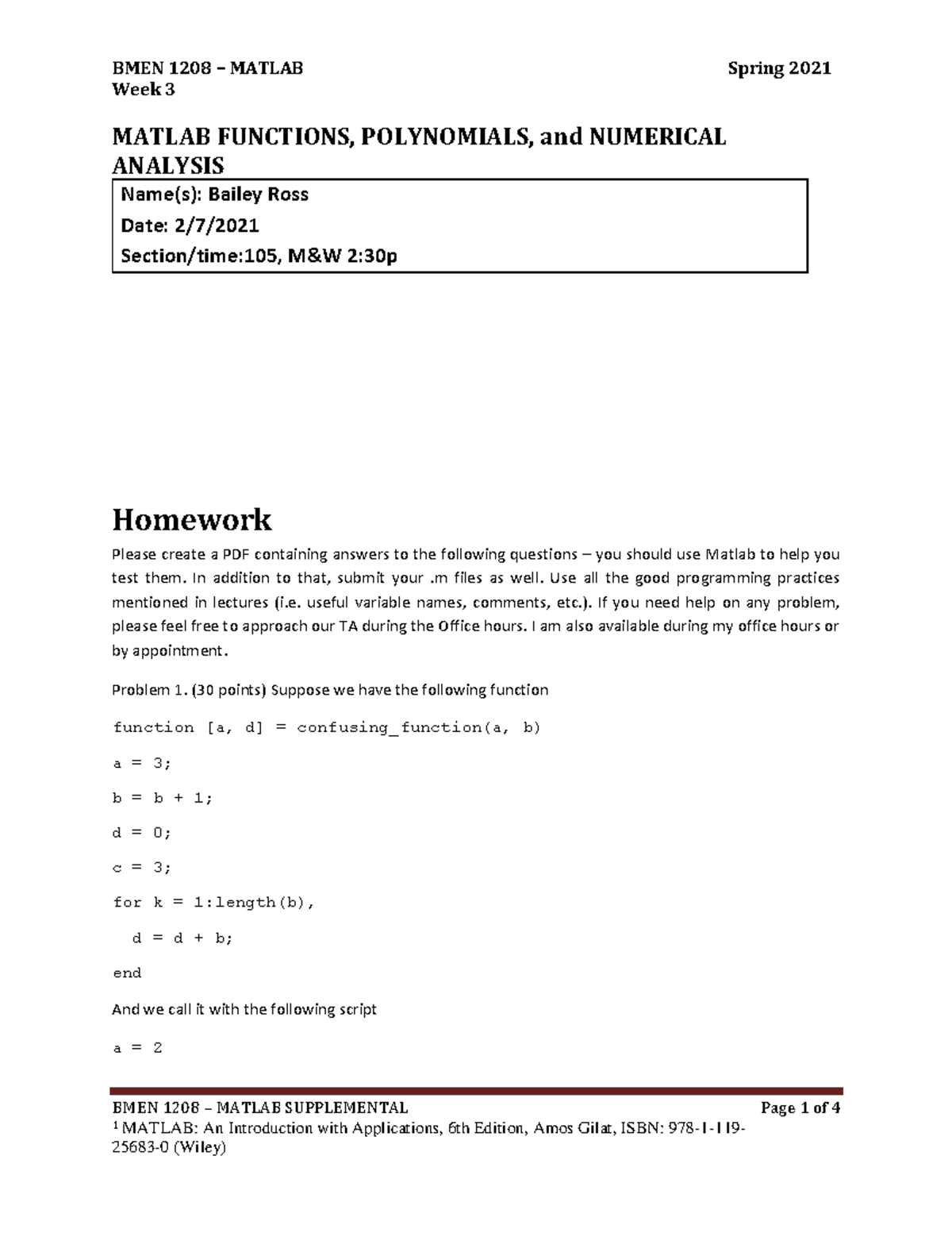 W03 WS Matlab Bailey Ross 1208 - BMEN 1208 – MATLAB Spring 2021 Week 3 MATLAB FUNCTIONS, - Studocu