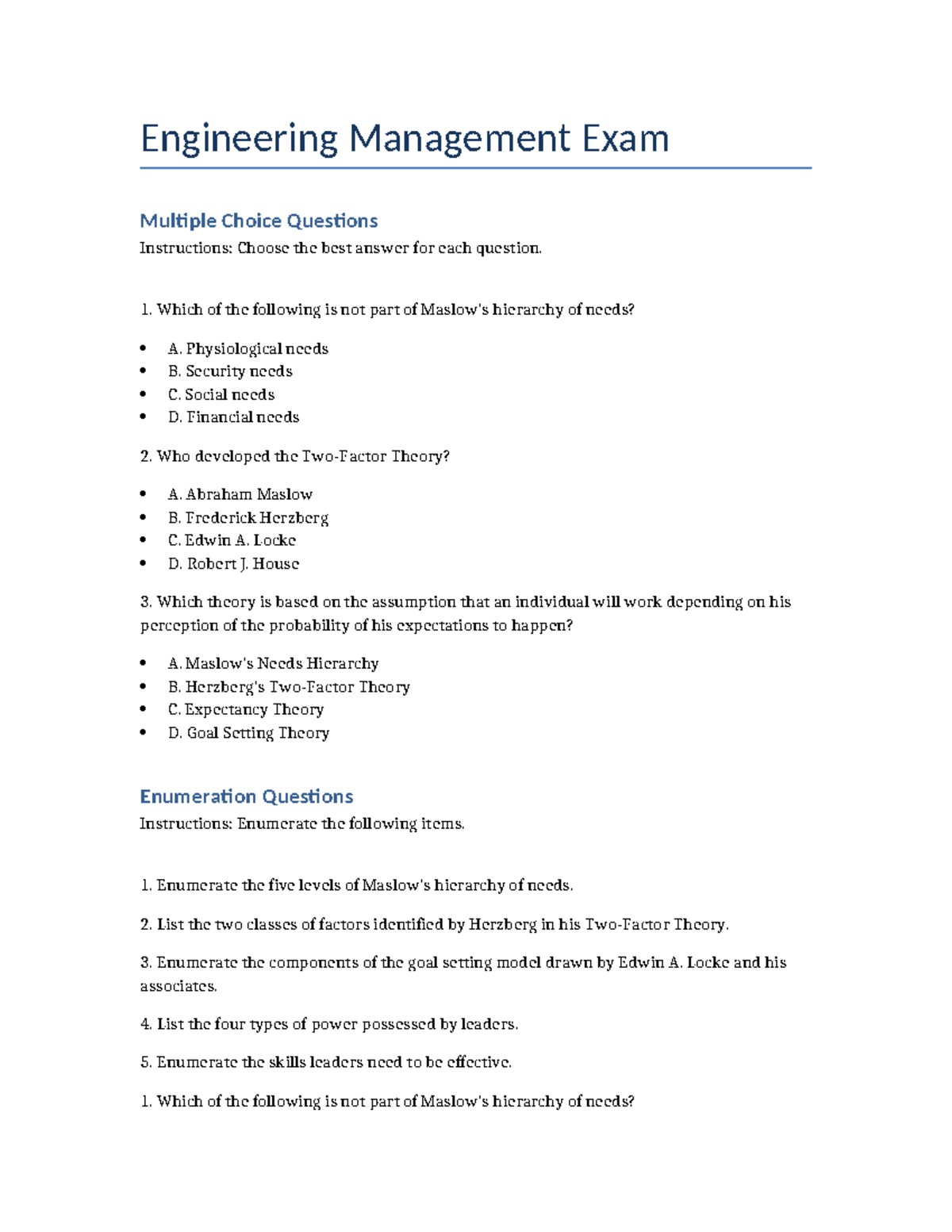 Engineering management exam with key - Engineering Management Exam ...