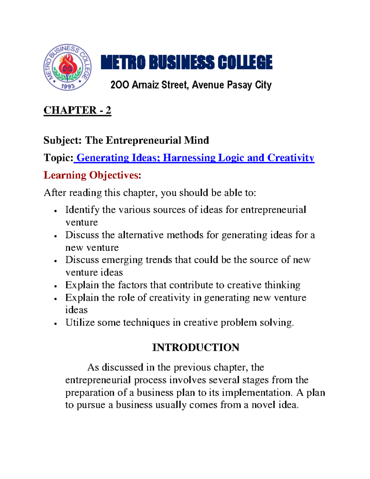 Chapter-2-Entrepreneurial-Mind - METRO BUSINESS COLLEGE 2OO Arnaiz ...