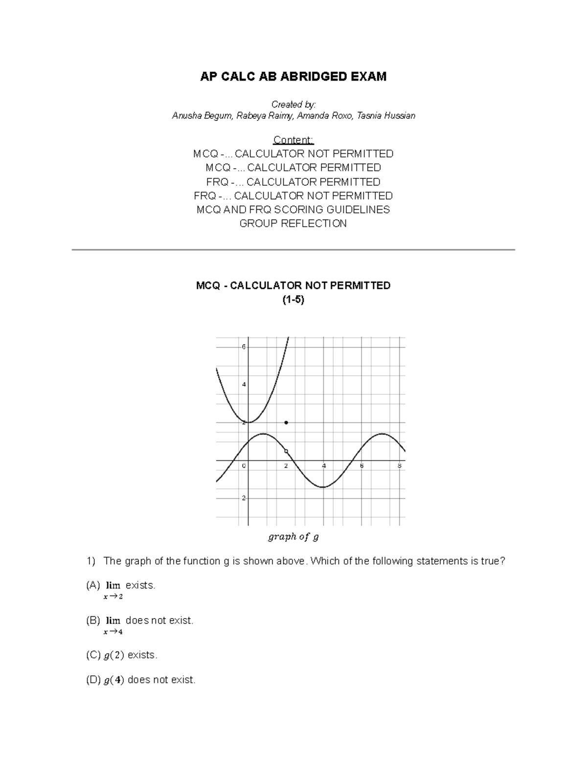 AP CALC AB Abridged EXAM - AP CALC AB ABRIDGED EXAM Created by: Anusha ...