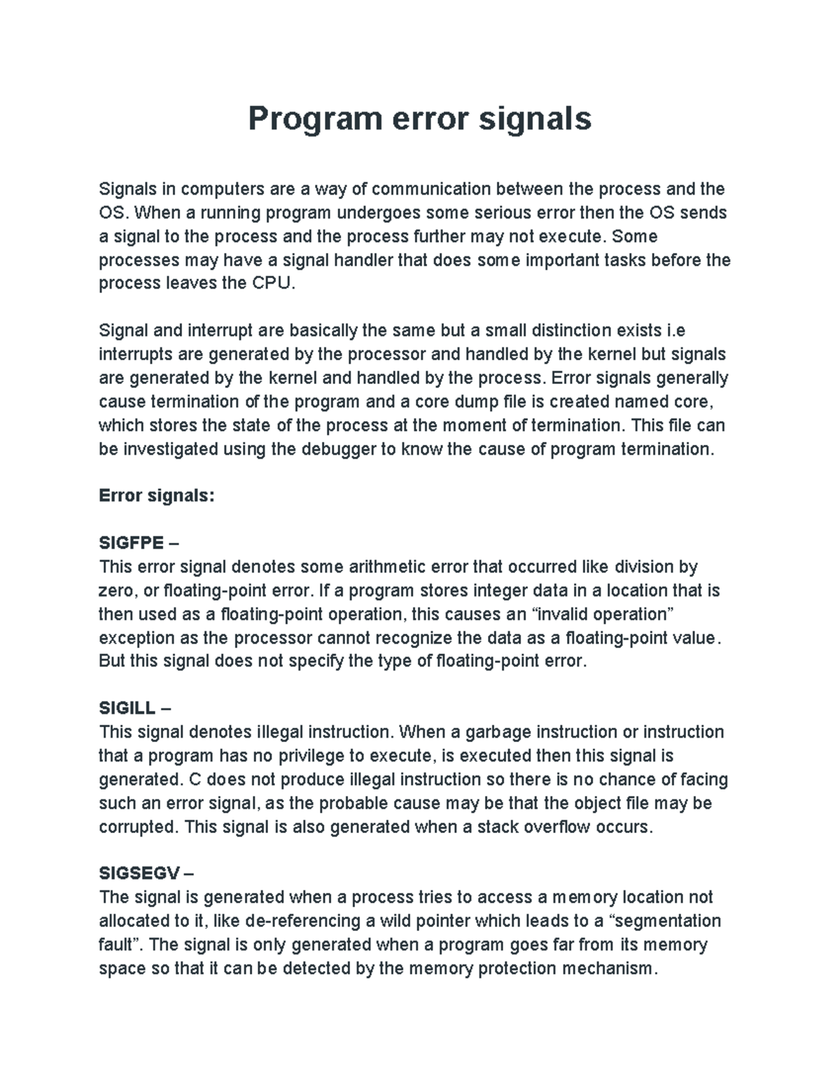 Program error signals - Program error signals Signals in computers are ...