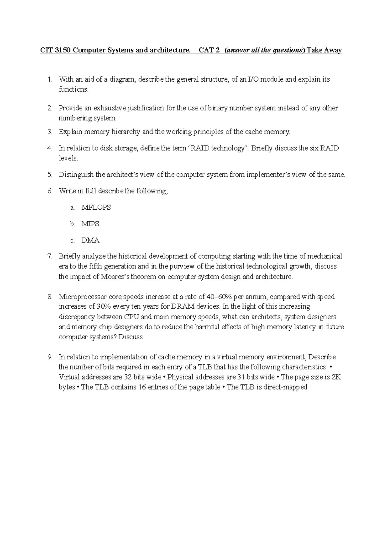 Take away cat - CIT 3150 Computer Systems and architecture. CAT 2 (answer all the questions ...