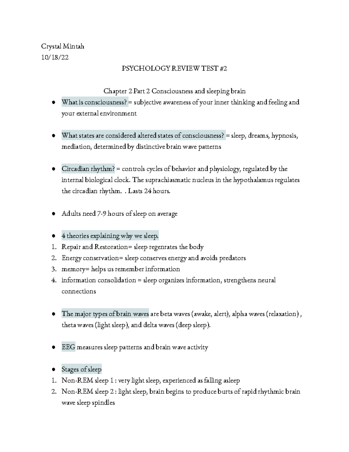 Psych Review test #2 - Crystal Mintah 10/18/ PSYCHOLOGY REVIEW TEST ...