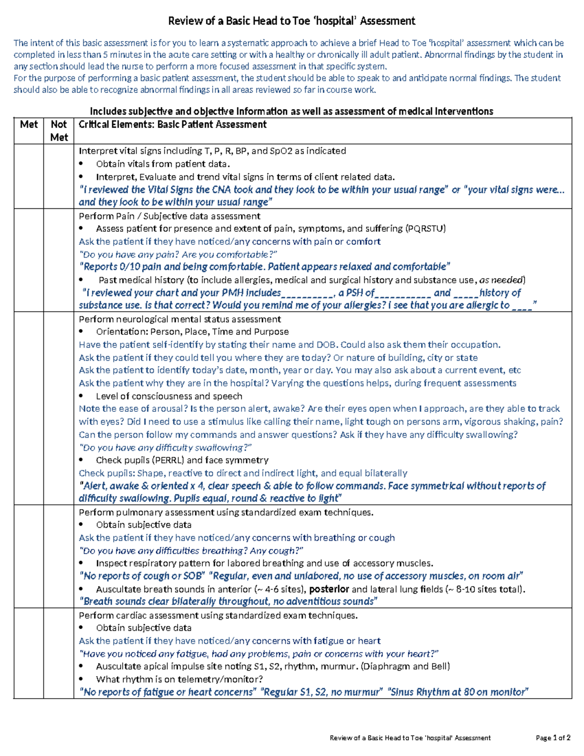 Basic Hospital Assessment - Review of a Basic Head to Toe ‘hospital ...
